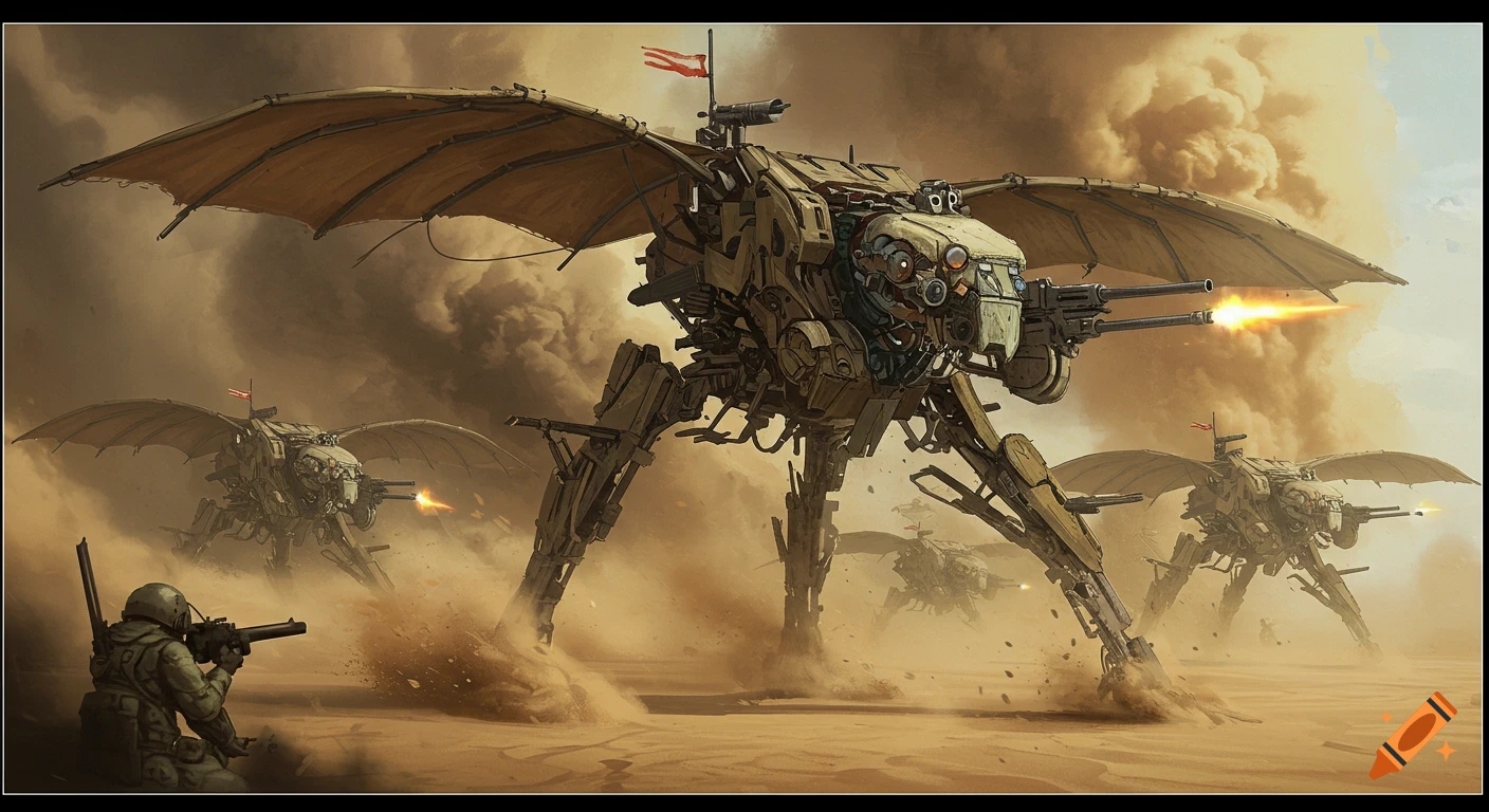 Stylized digital art of large, winged mechs and a soldier fighting in a ...