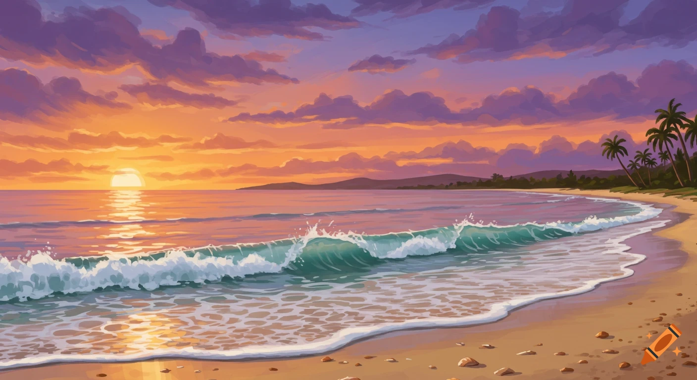 Stylized painting of a tropical beach at sunset with waves crashing on ...