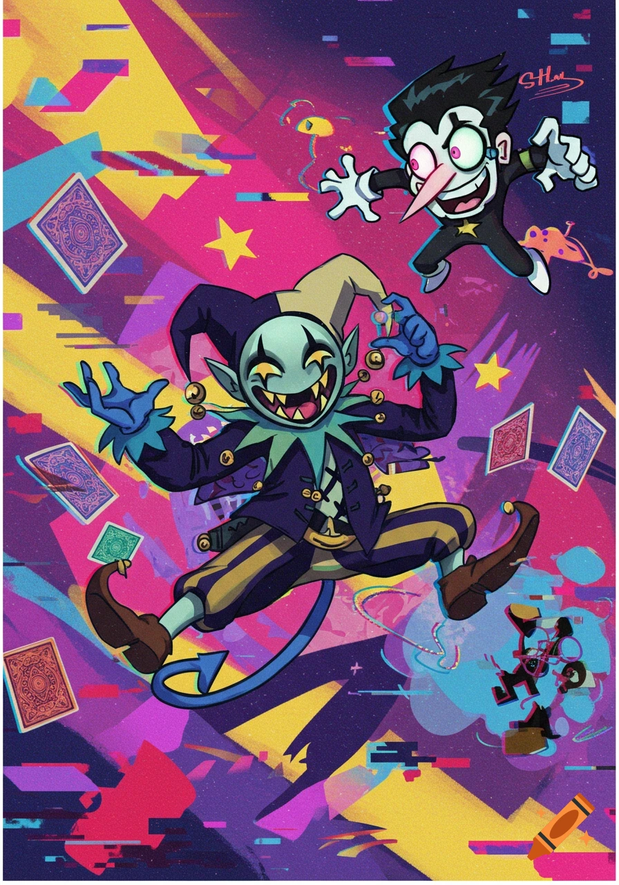 Deltarune characters Jevil and Spamton Neo in a dynamic, colorful ...