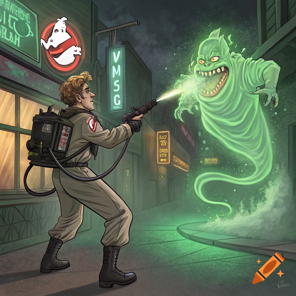 A Ghostbuster aims a proton pack at a green ghost on a city street at night, cartoon style. on ...