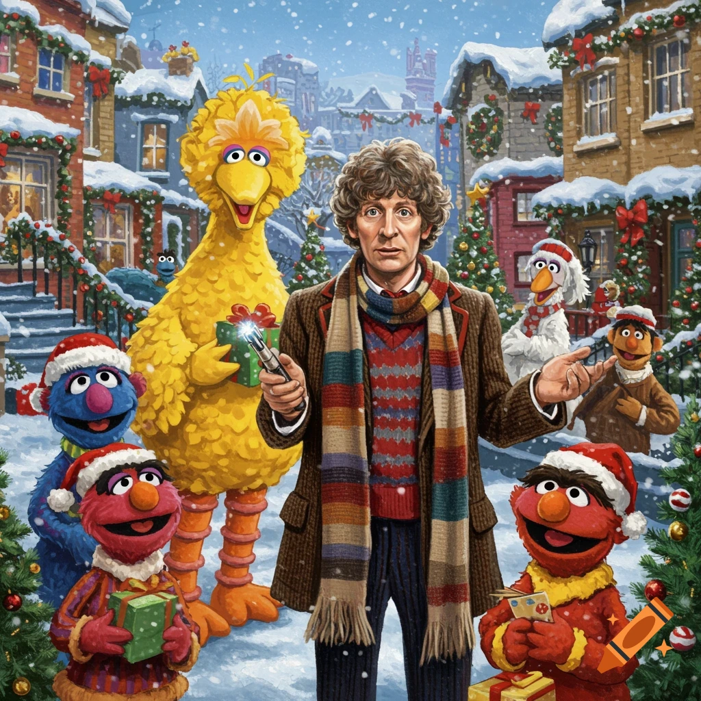 An illustration of the Fourth Doctor with Big Bird, Elmo, and other ...