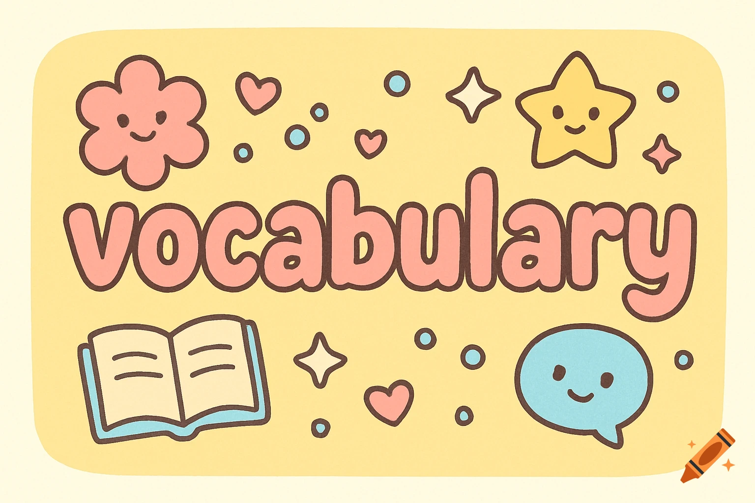 The word 'vocabulary' in pink bubble letters, surrounded by cute ...
