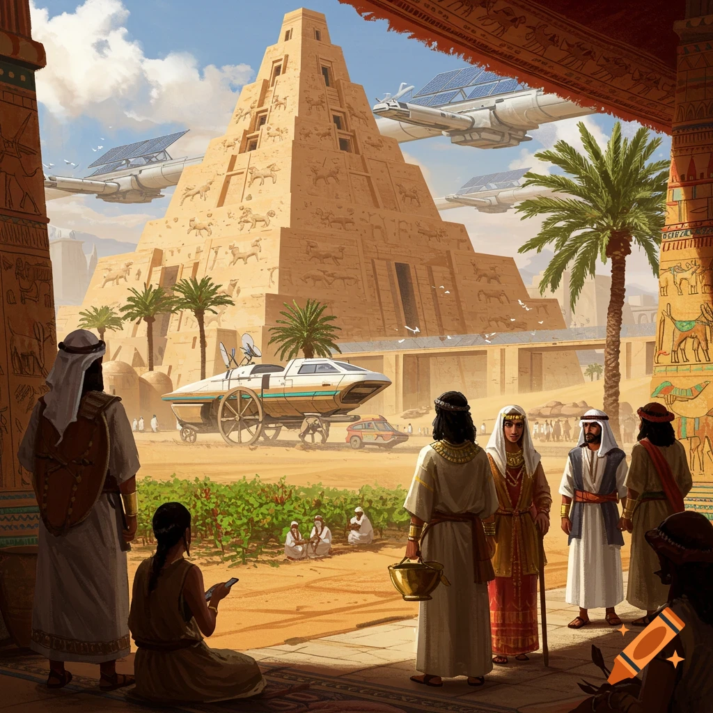 A futuristic ancient city with a stepped pyramid, flying vehicles, and ...