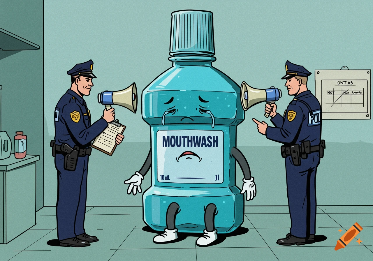 Cartoon of crying mouthwash bottle questioned by police with megaphones ...