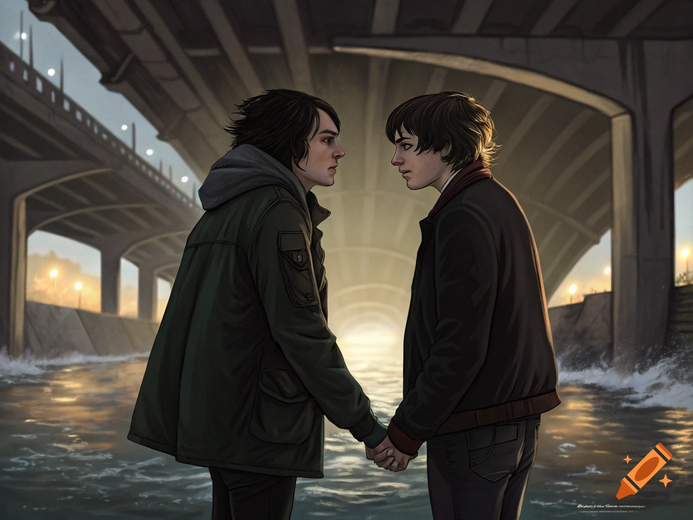 Illustration of two young men holding hands under a bridge by the water ...