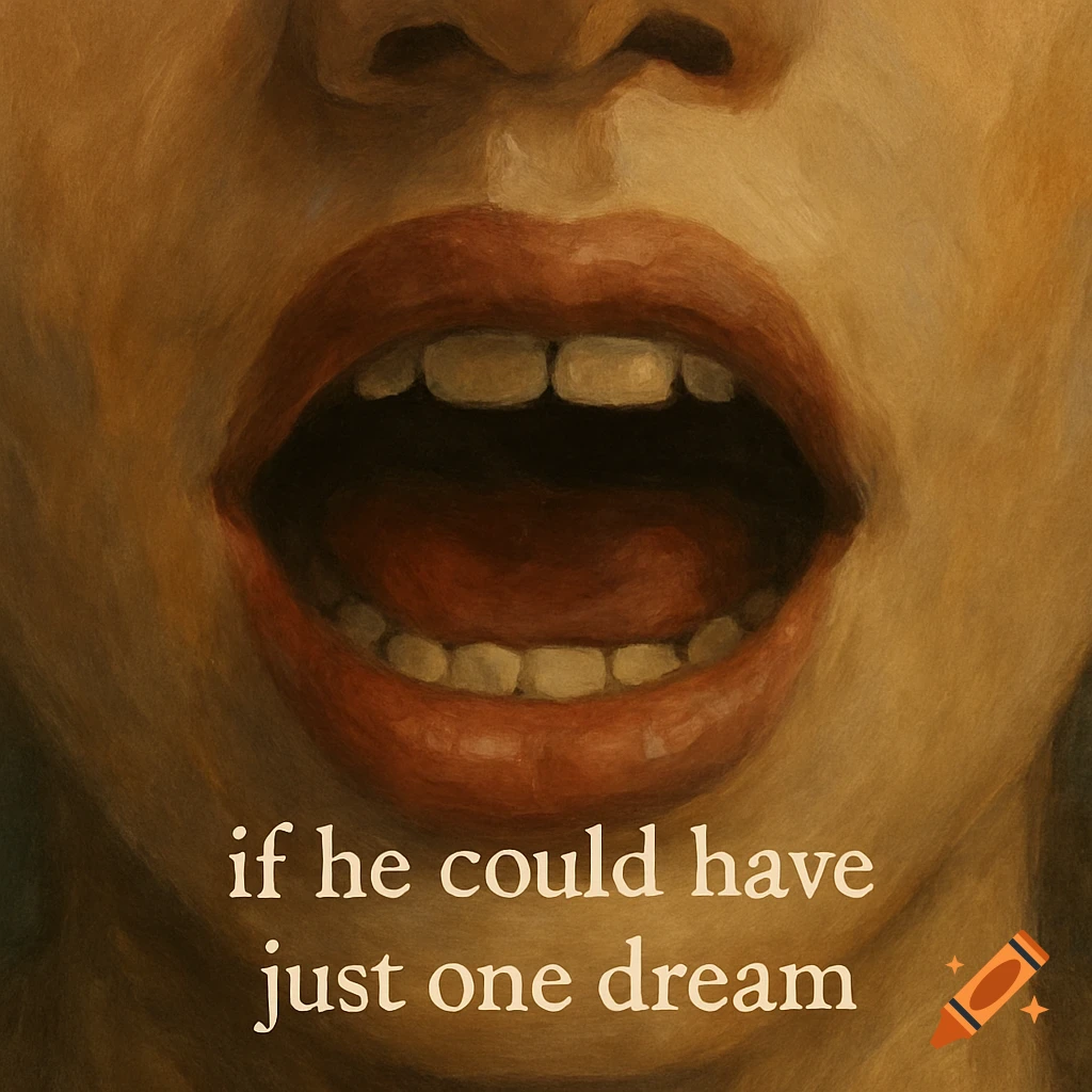 A close-up painting of an open mouth with text below. on Craiyon