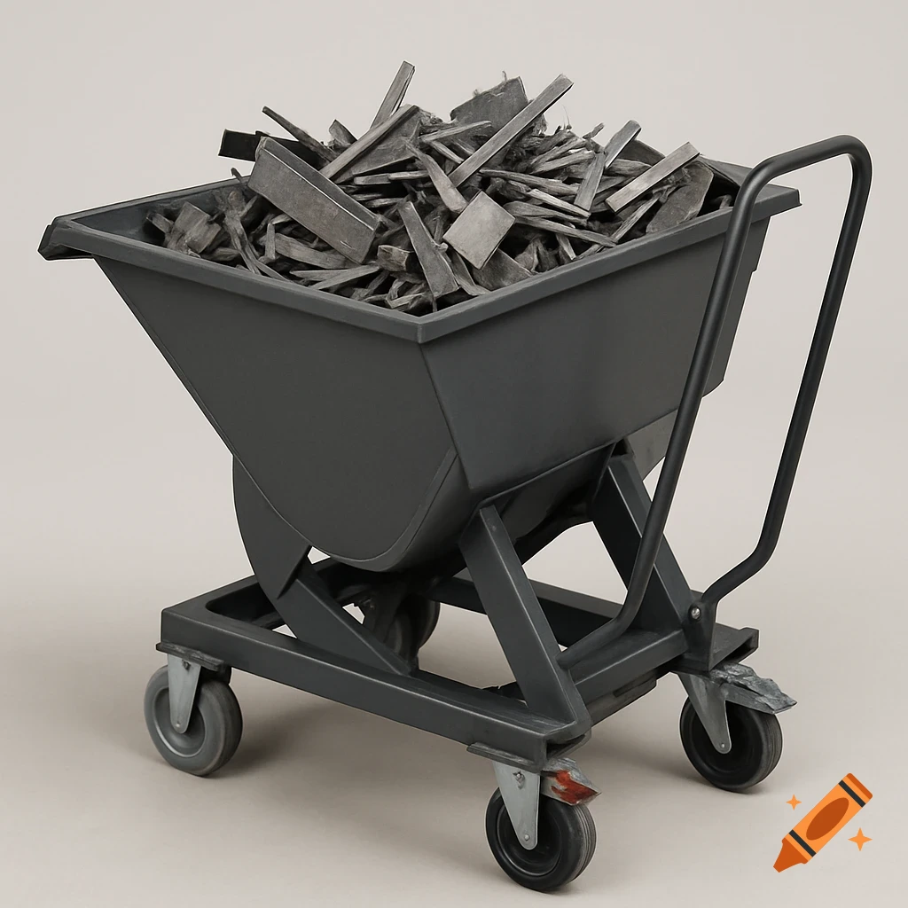 A dark grey waste trolley filled with scrap metal on a light background ...