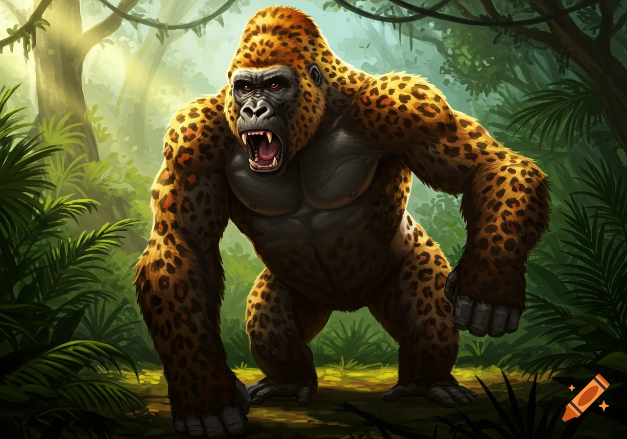 A large gorilla with leopard skin fur stands roaring in a lush jungle ...