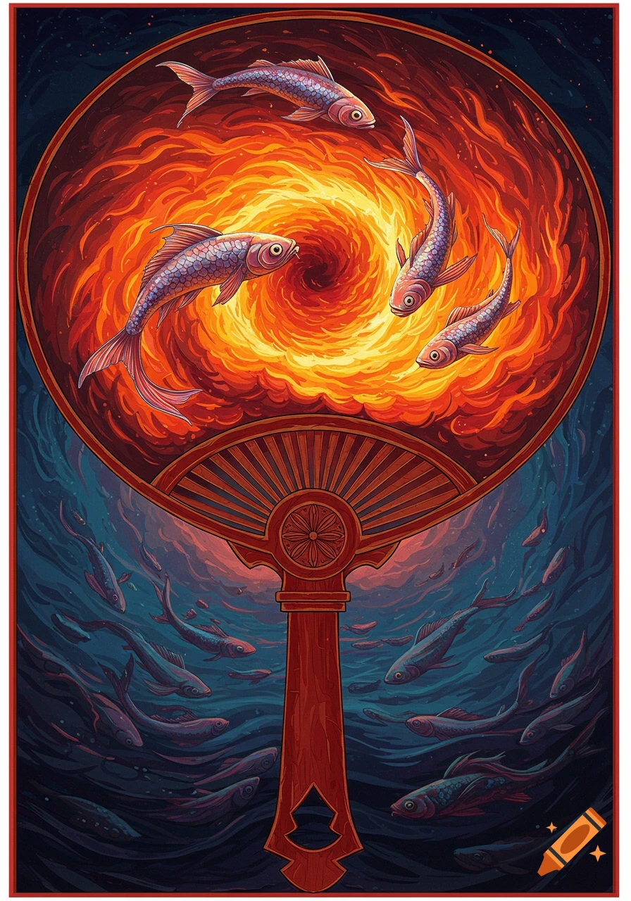 Stylized illustration of fish swimming above a fan with a swirling fire ...