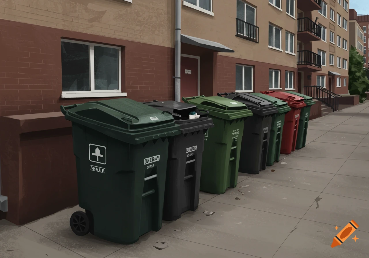 Illustration of various colored garbage cans lined up on a sidewalk in ...