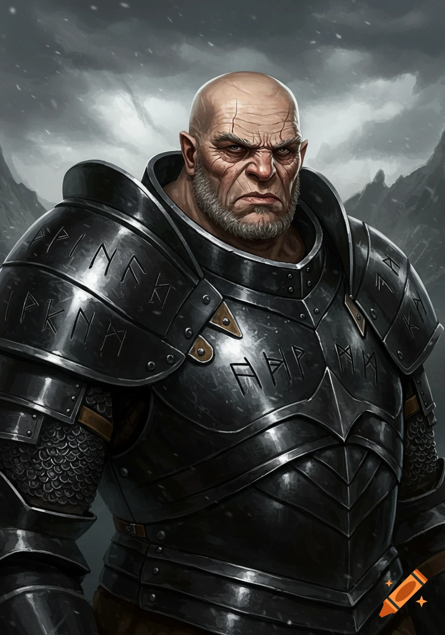 Digital painting portrait of a stern bald man with scars and beard in ...