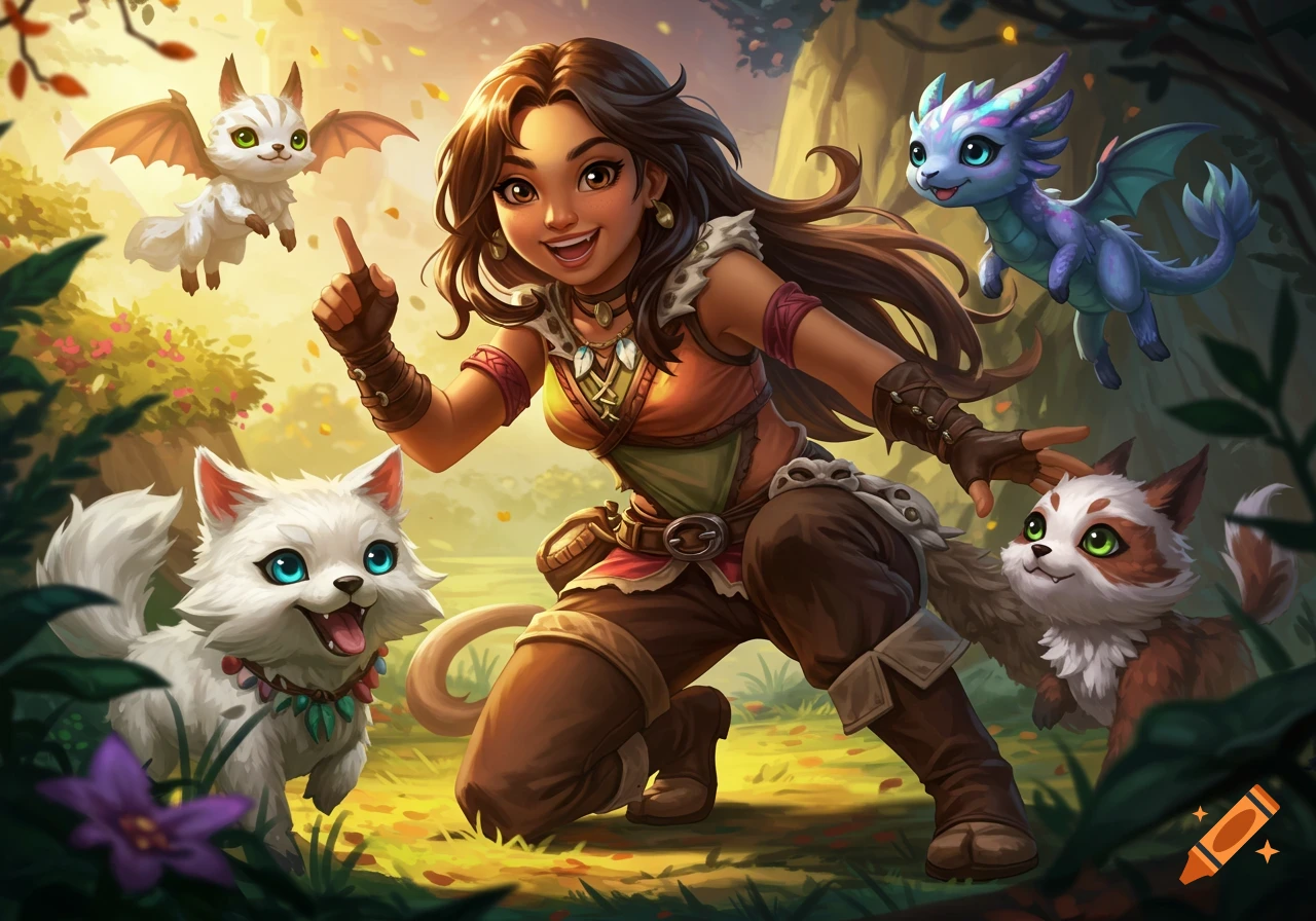 A fantasy illustration of a woman taming mythical creatures in a forest ...