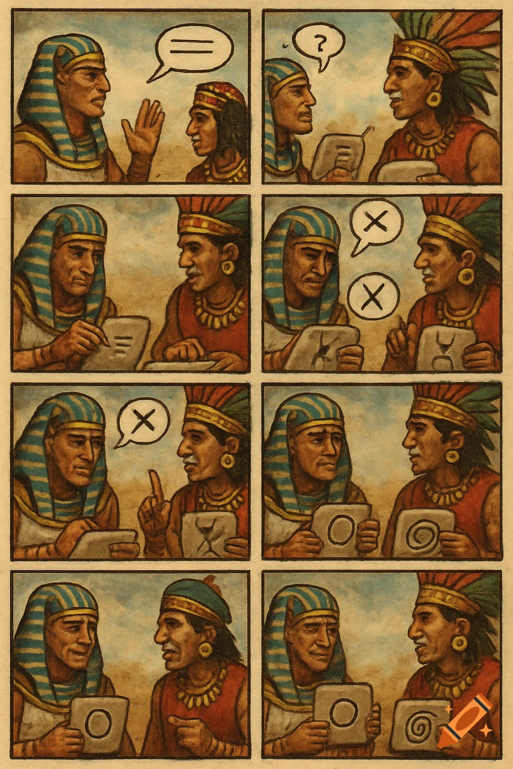 A comic strip shows figures in ancient Egyptian and Indigenous American ...