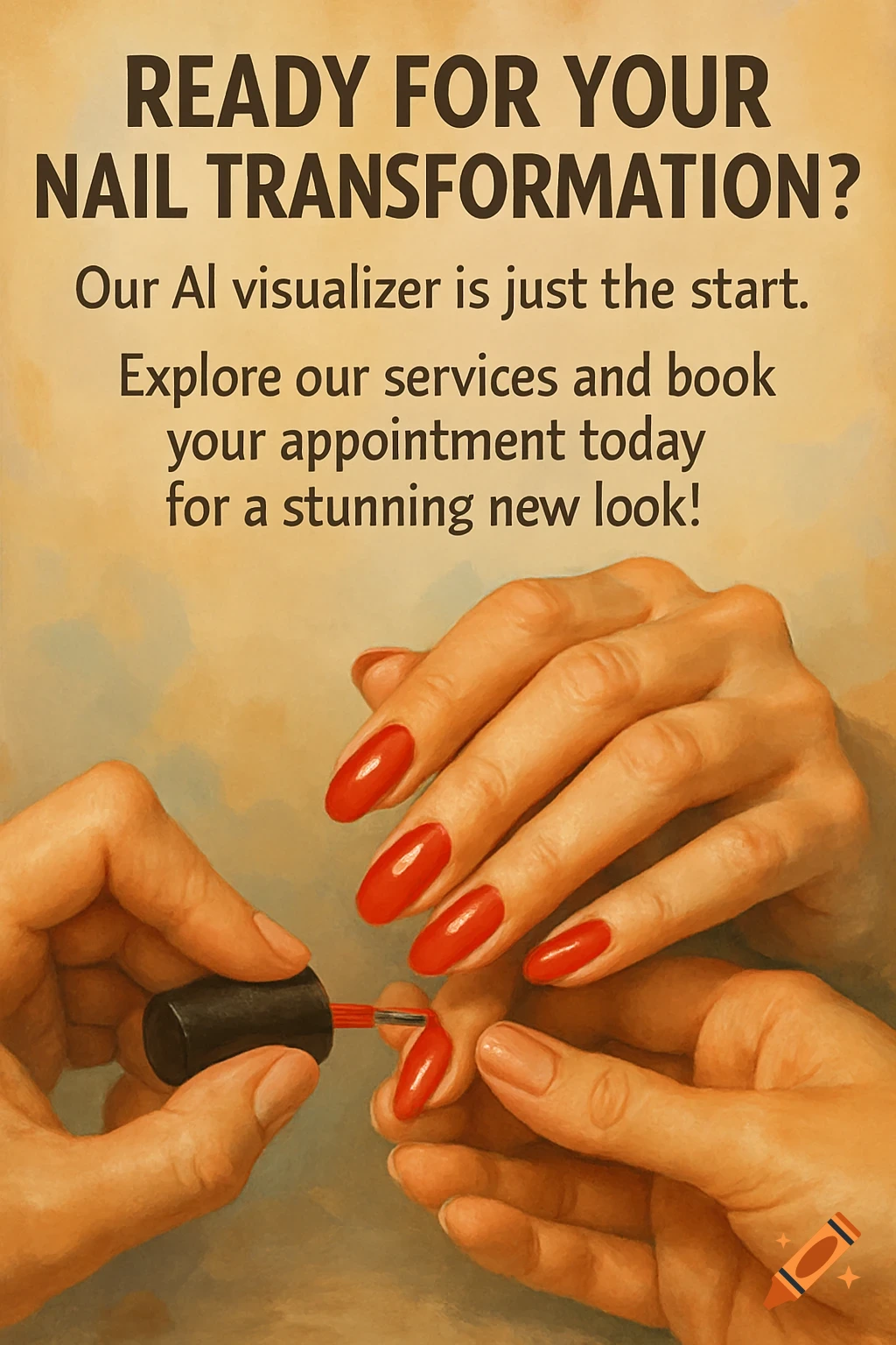 Close-up of hands applying red nail polish, with text advertising nail ...