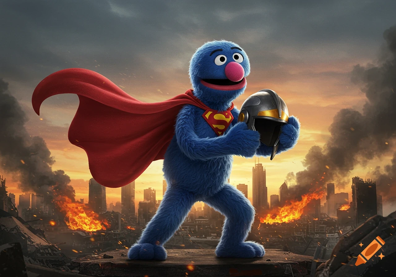 Grover as Super Grover in a red cape holds a helmet, standing over a ...