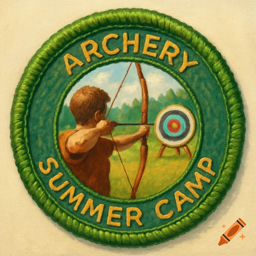 Illustration of a circular archery merit badge for summer camp, showing an archer aiming at a ...