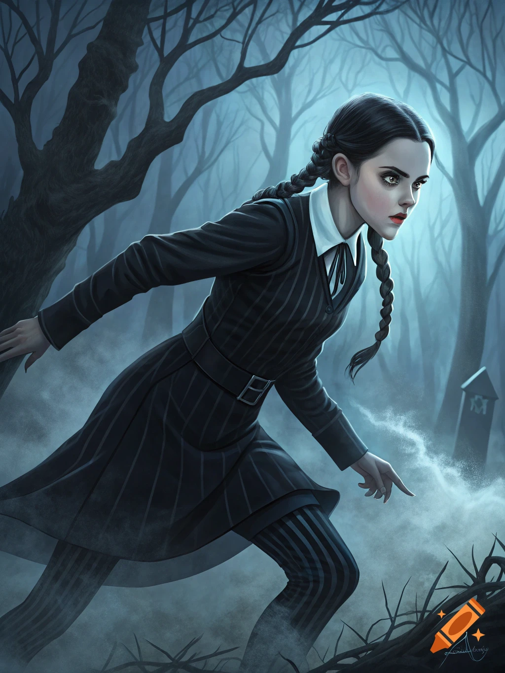 Stylized illustration of Wednesday Addams running through a dark, misty ...