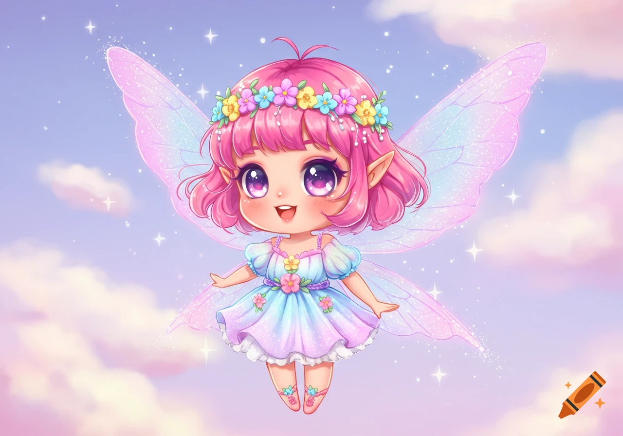 Cute chibi fairy with pink hair and flower crown flying in a pastel sky ...