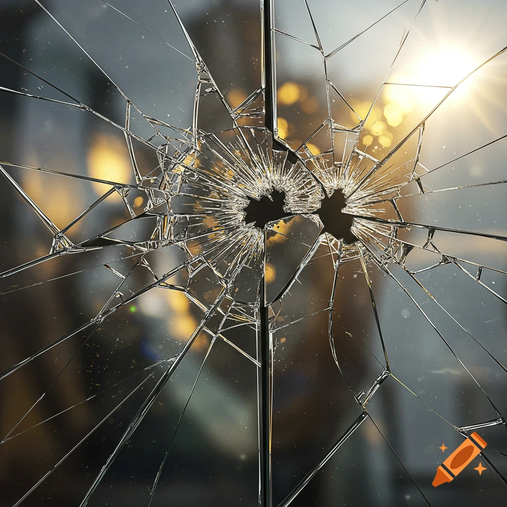 Close-up of shattered glass with light reflections and a blurred ...