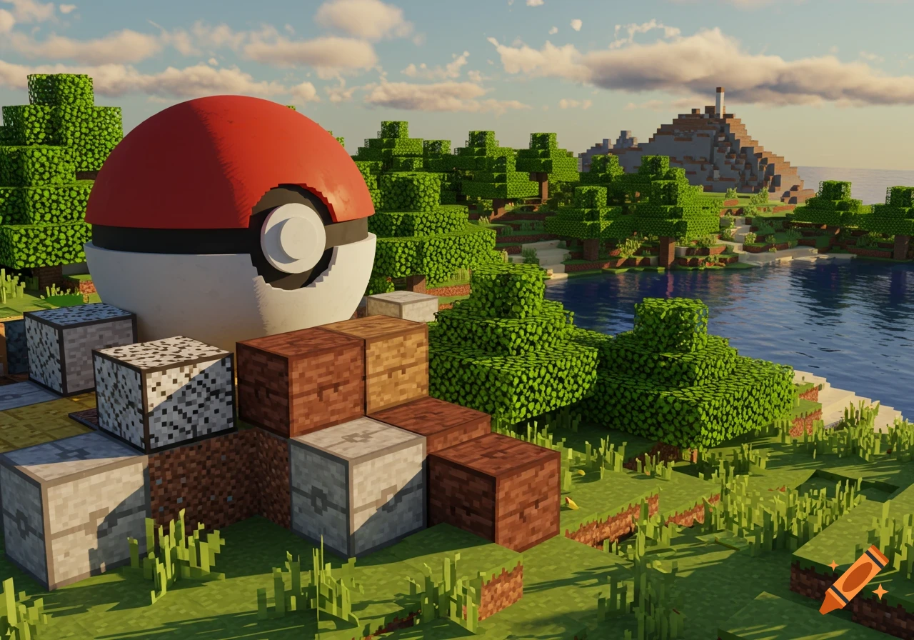 A large Pokeball stands next to blocks in a Minecraft landscape with ...