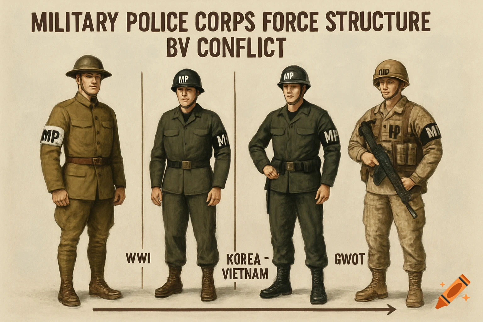Illustration timeline showing Military Police uniforms from WWI, Korea ...