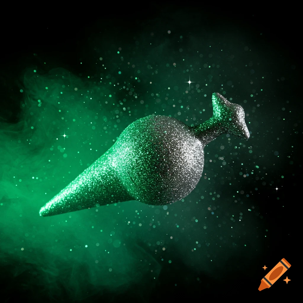 A silver and green glittery object floats in green smoke with sparkles ...