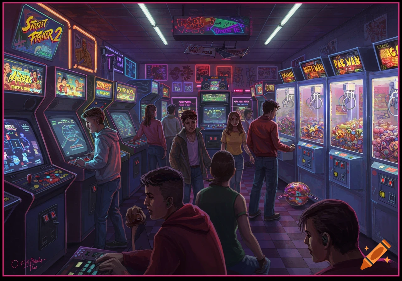 People play games in a neon-lit retro arcade. on Craiyon