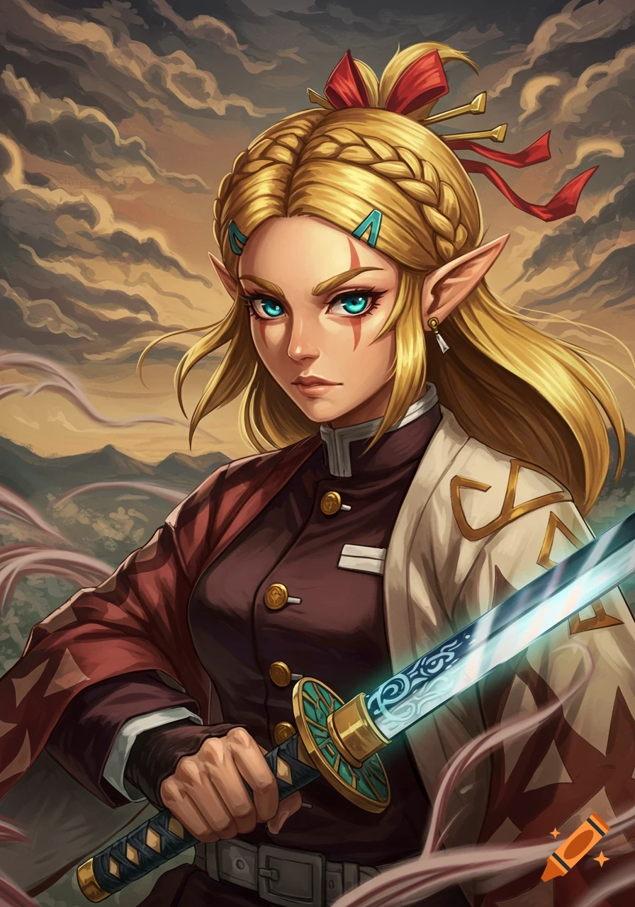 Anime style art of Zelda dressed as a Demon Slayer Hashira, holding a ...
