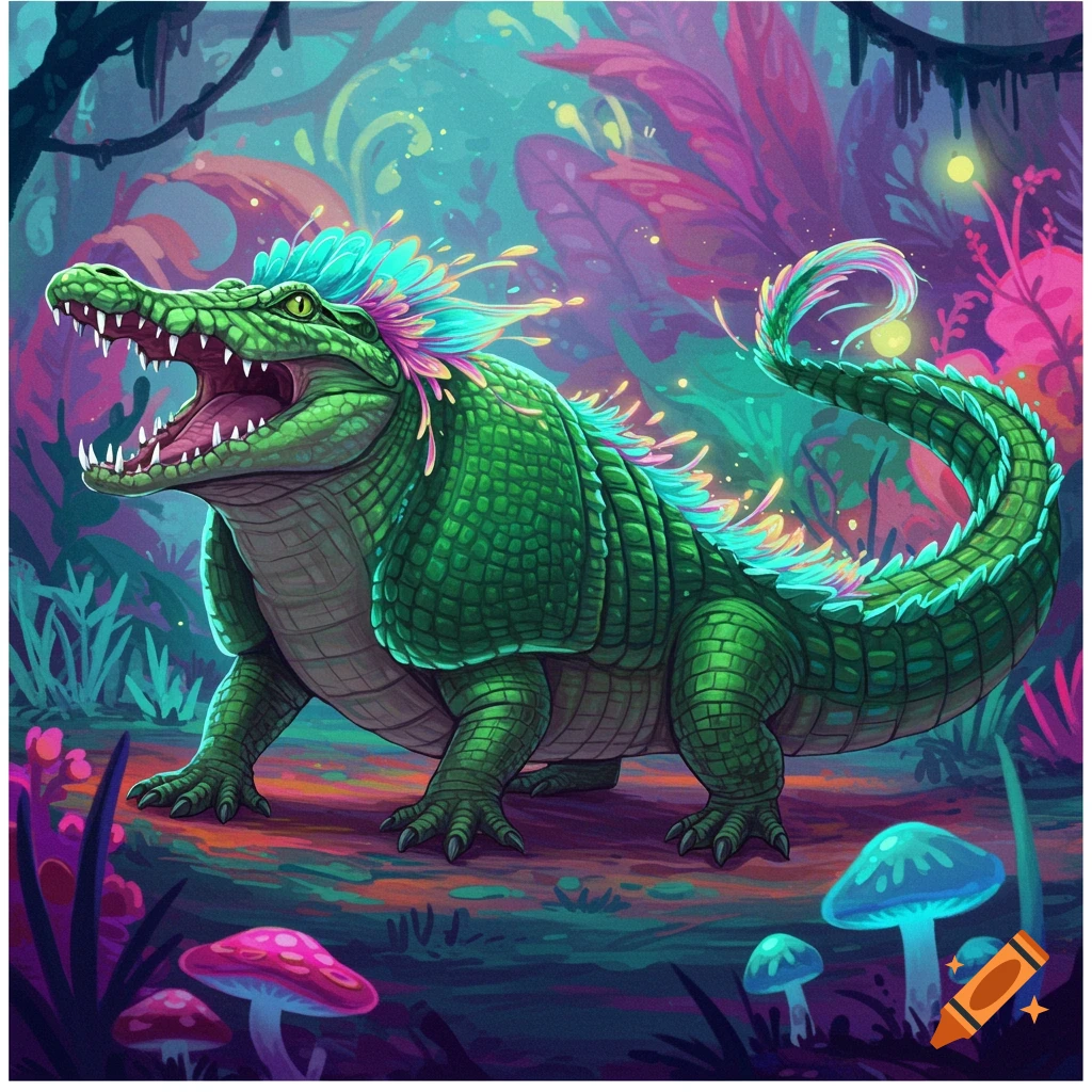 Stylized green crocodile creature with vibrant features in a fantasy ...