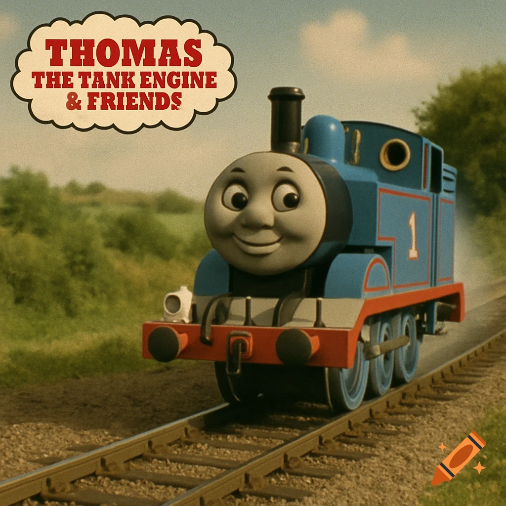 Thomas the Tank Engine train rides on tracks with the classic show logo in the top left corner ...