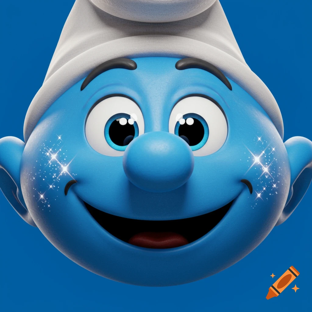 A close-up of a smiling Smurf face with sparkles on Craiyon
