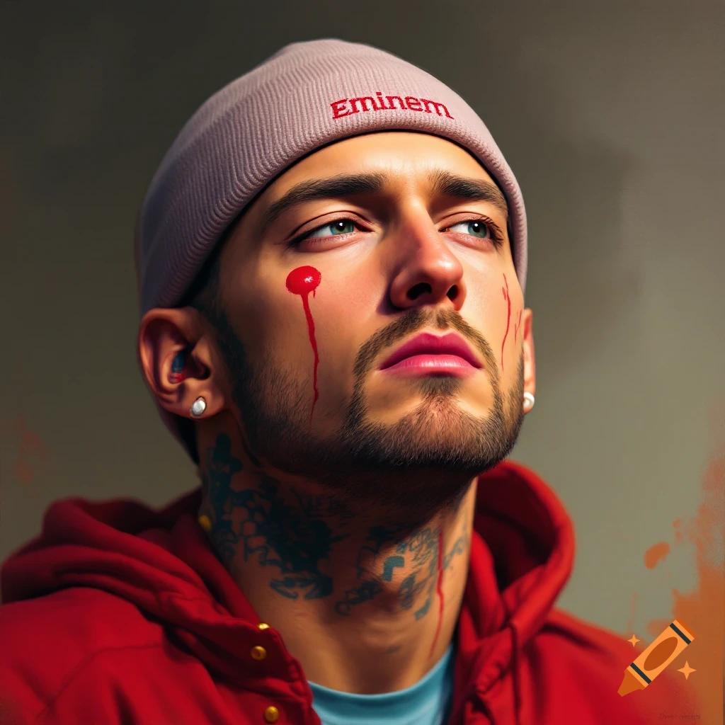 Close-up portrait of a man resembling Eminem wearing a beanie with ...