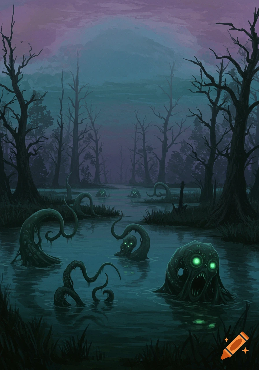 Monsters with glowing eyes emerge from a dark, misty swamp. on Craiyon
