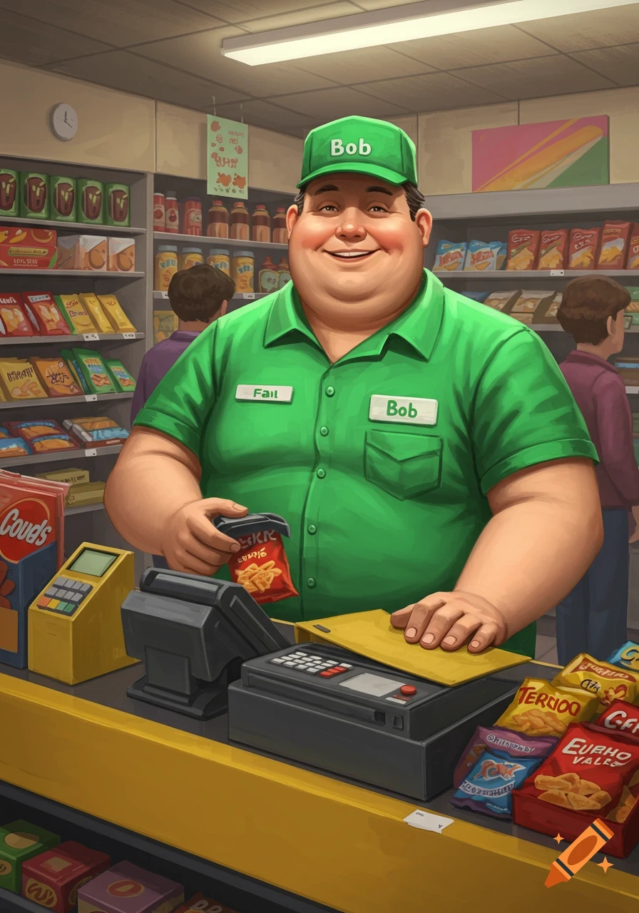Illustration of a cheerful man in a green uniform working as a cashier ...