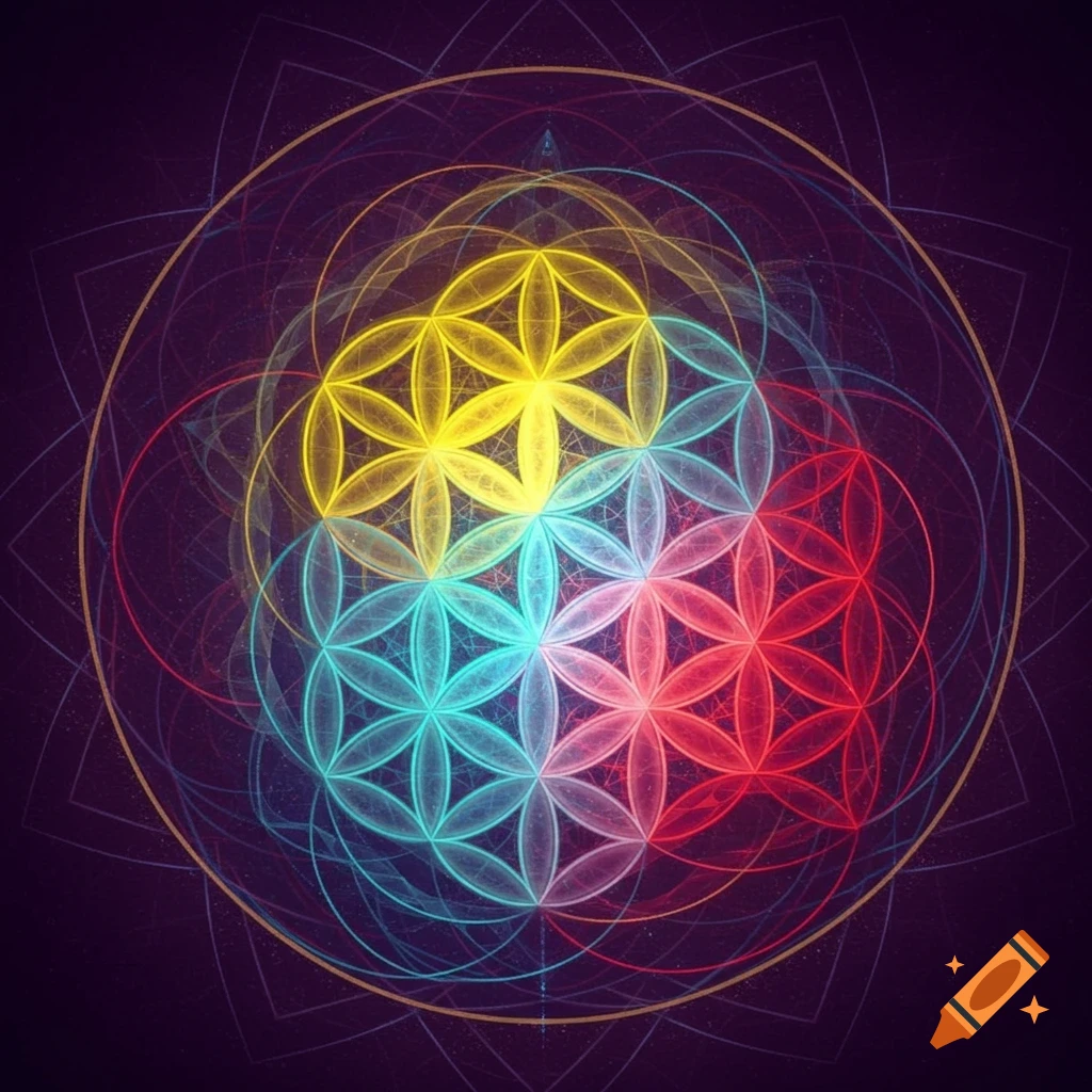 Glowing multicolored Flower of Life geometric pattern on Craiyon