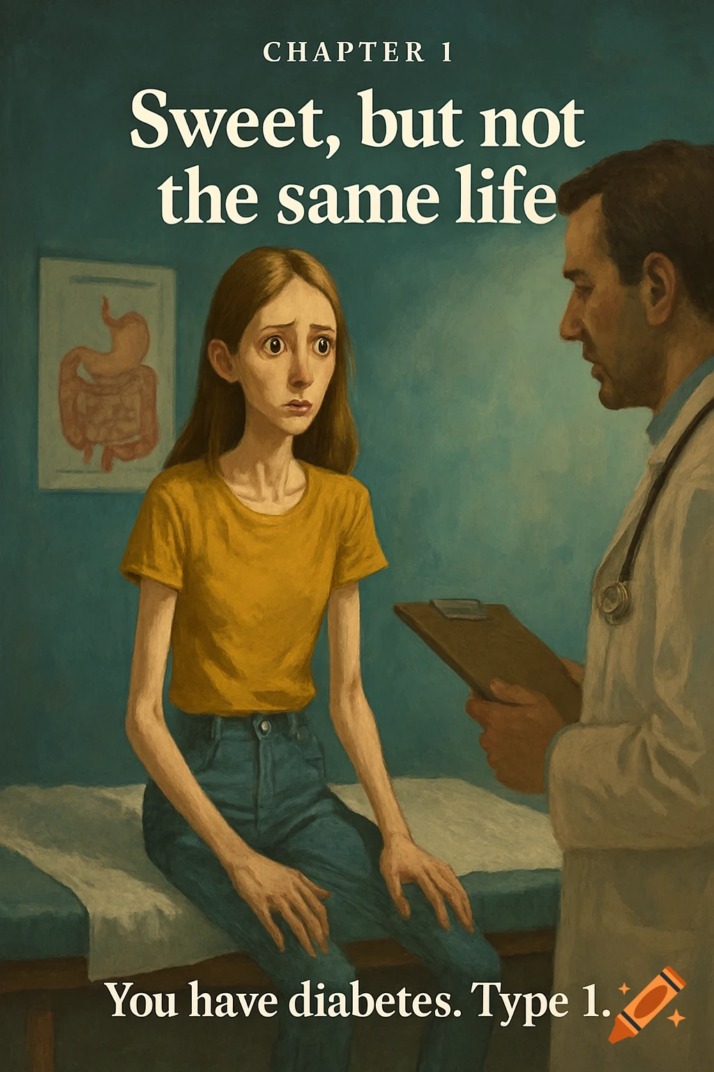 Illustration of a doctor telling a young woman she has diabetes. Text ...