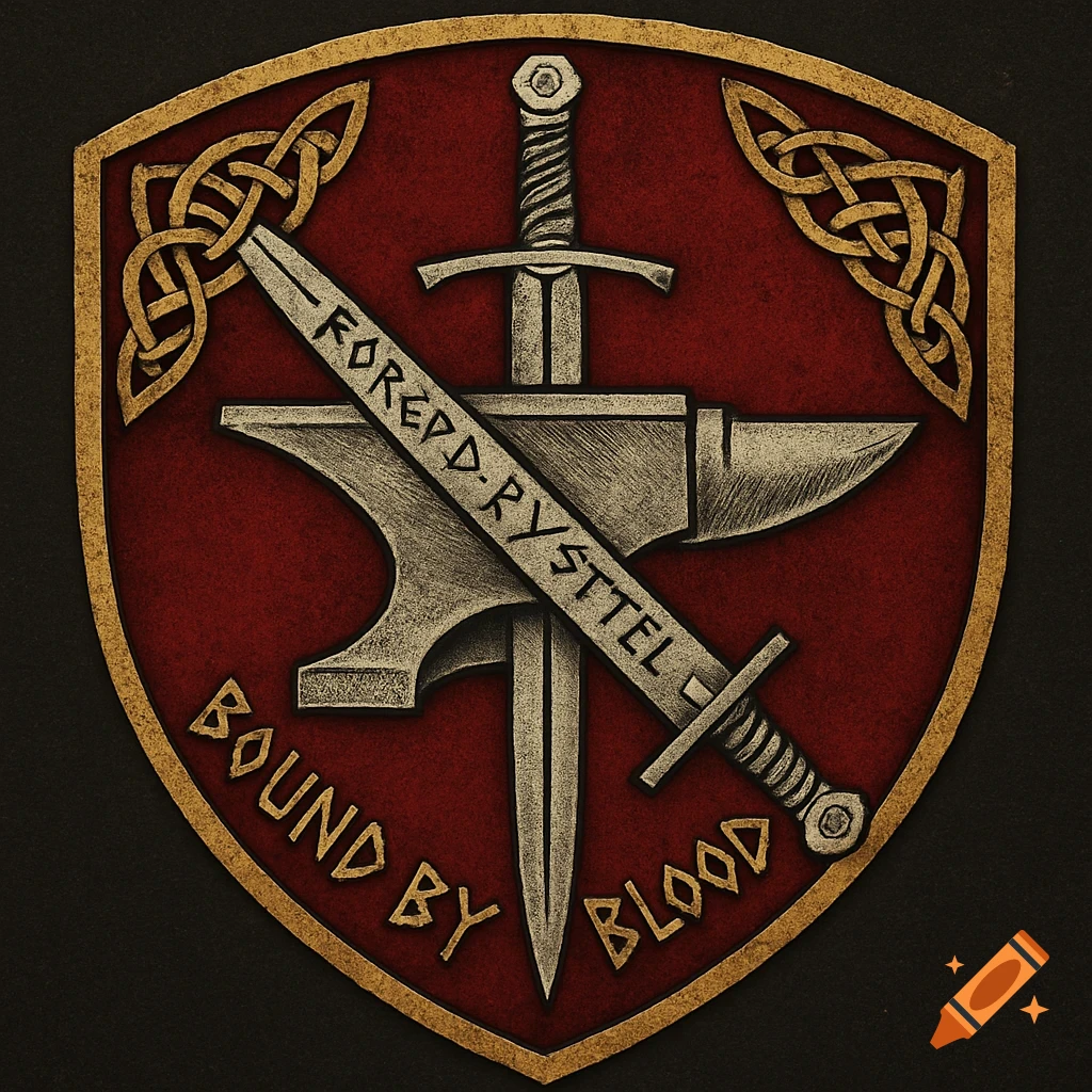 A red shield emblem with a gold border and Celtic knots, featuring a ...