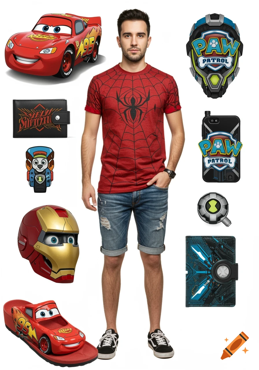 Man in Spider-Man shirt and shorts with pop culture items like ...