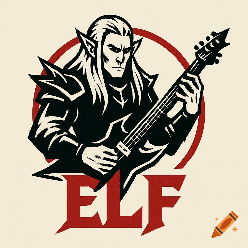 Stylized heavy metal logo featuring an elf playing a guitar, with the ...