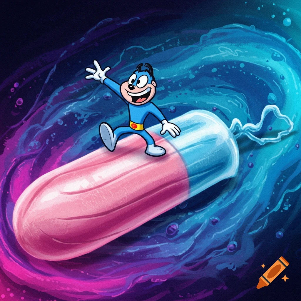 Cartoon character rides a tampon through swirling blue and purple ...