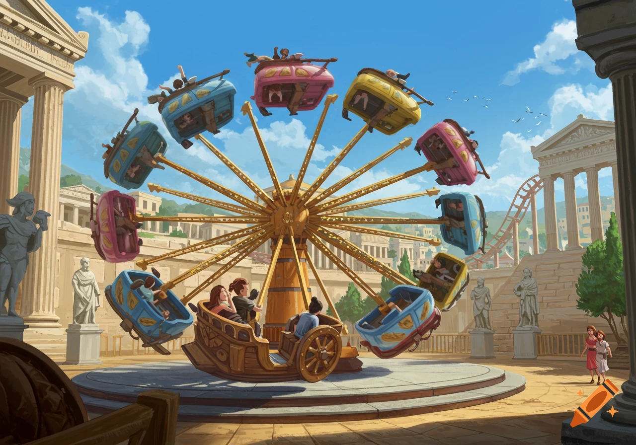 Illustration of a spinning amusement park ride styled like ancient ...