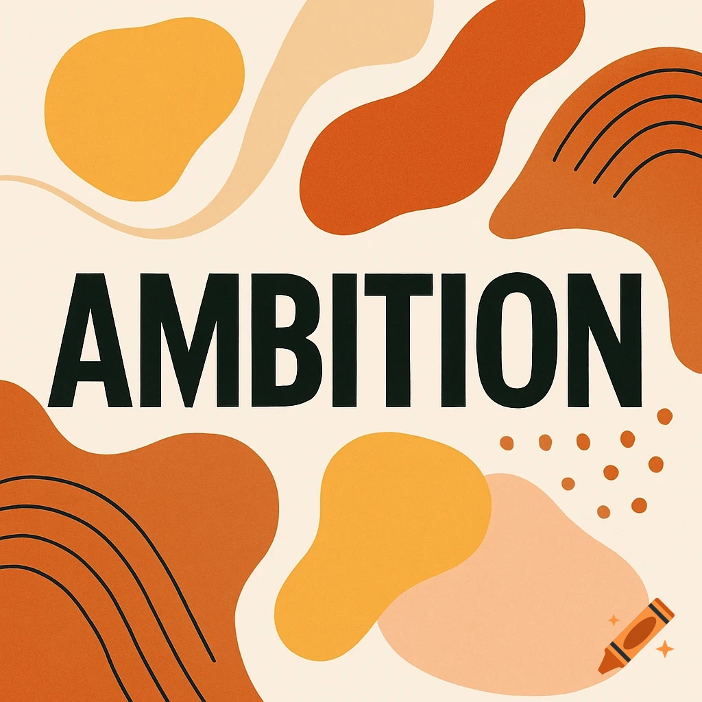 Abstract art with warm-toned shapes and the word AMBITION in bold black text. on Craiyon
