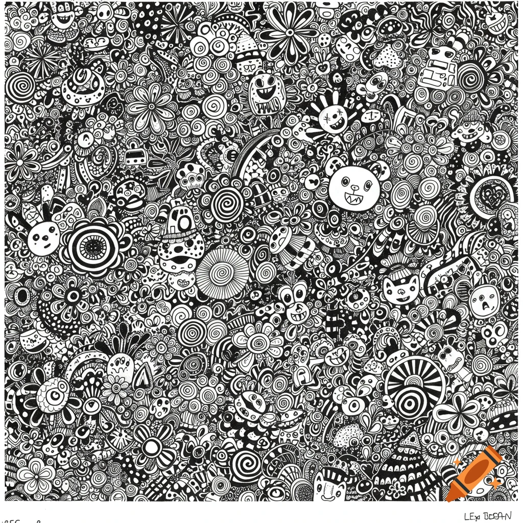 Dense black and white doodle pattern with various faces, flowers, and ...