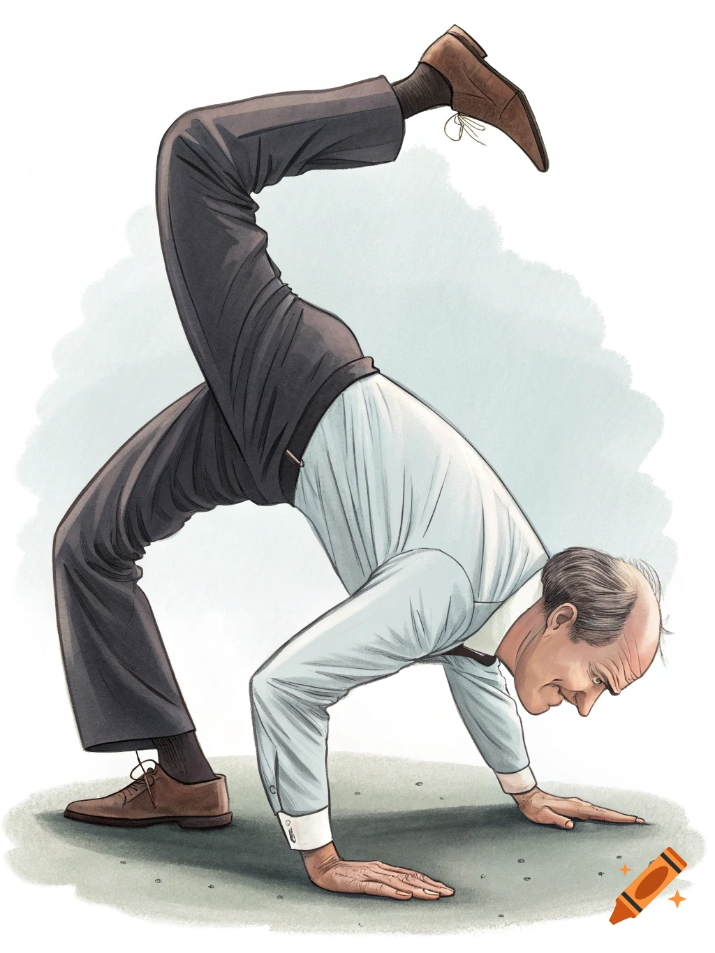 Illustration of a man in business attire doing a backbend on Craiyon