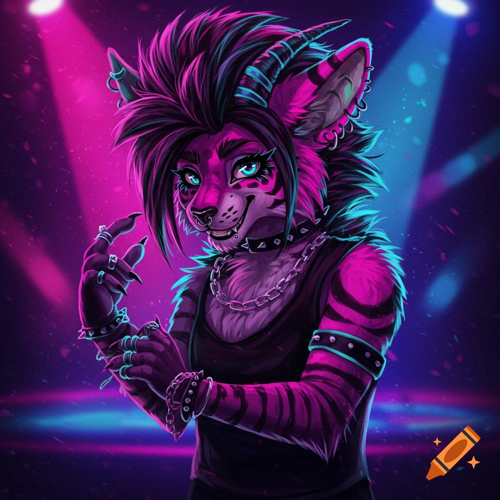 A pink and purple striped furry character with punk style clothing ...