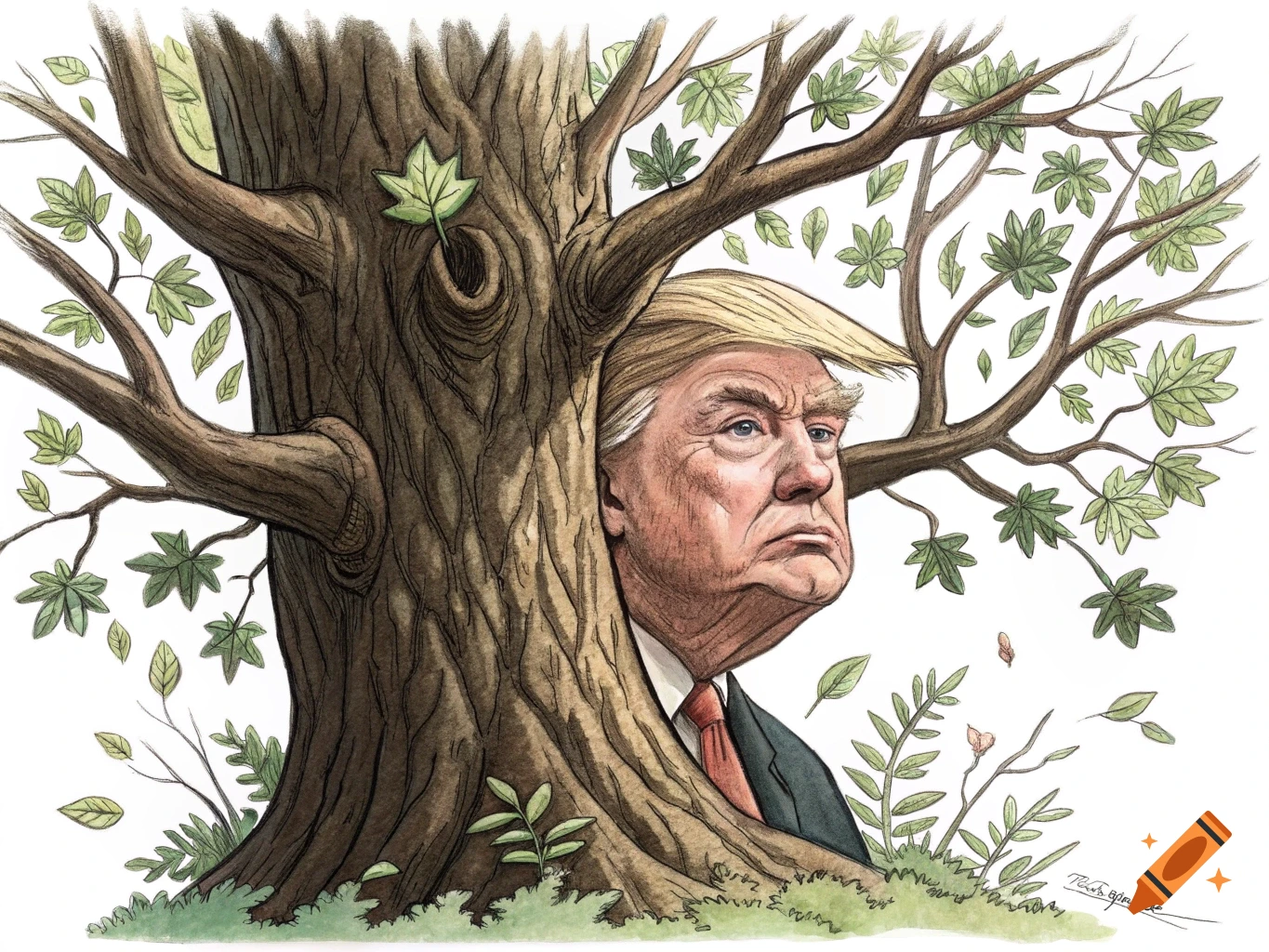 Caricature illustration of Donald Trump's head emerging from a tree ...