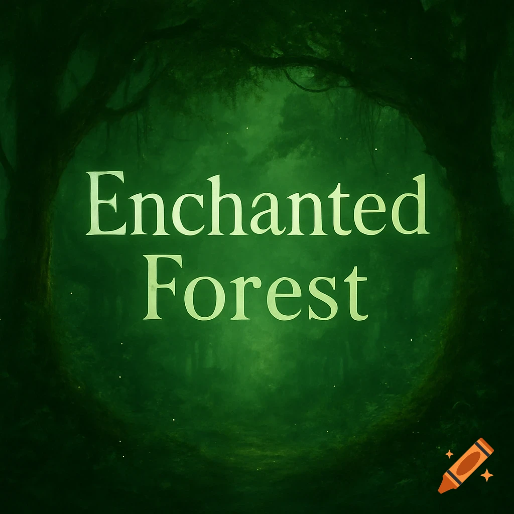 The words "Enchanted Forest" overlaid on a mystical green forest scene ...