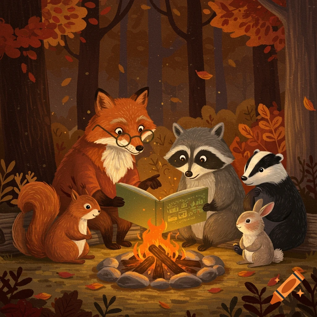 Illustrated woodland animals reading a book by a campfire in an autumn ...