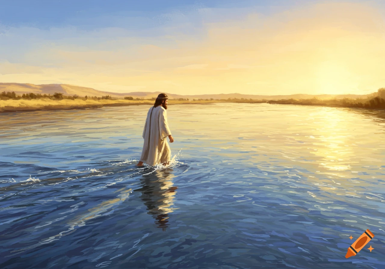 Painting of a robed figure walking on water at sunset. on Craiyon