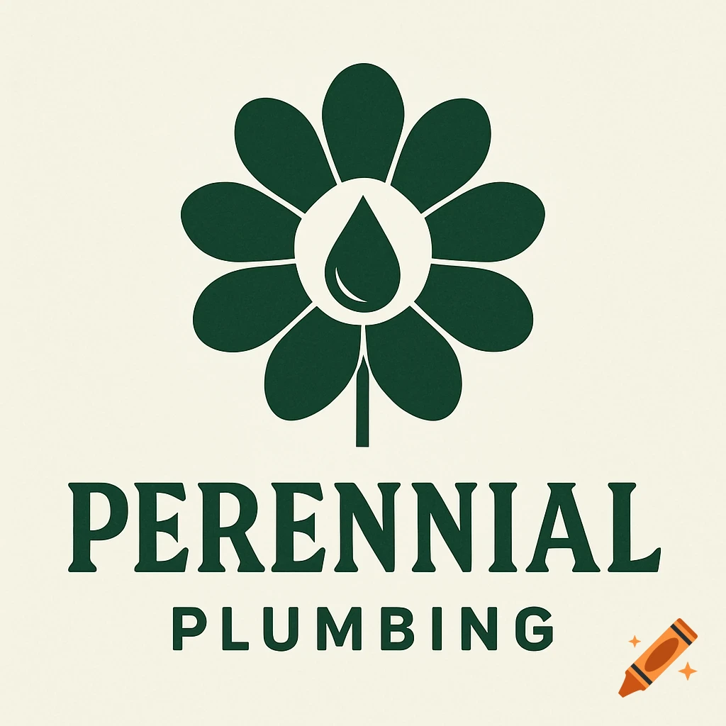 Logo for Perennial Plumbing featuring a green flower with a water drop ...